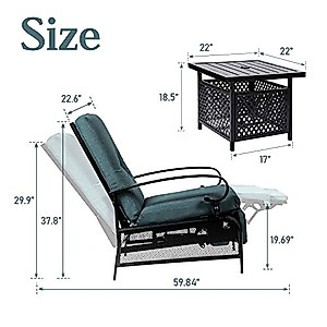 Oakcloud Adjustable Outdoor Lounge Chair Metal Patio Relaxing Recliner Chair Set with Bistro Table and Removable Cushions(Peacock Blue)