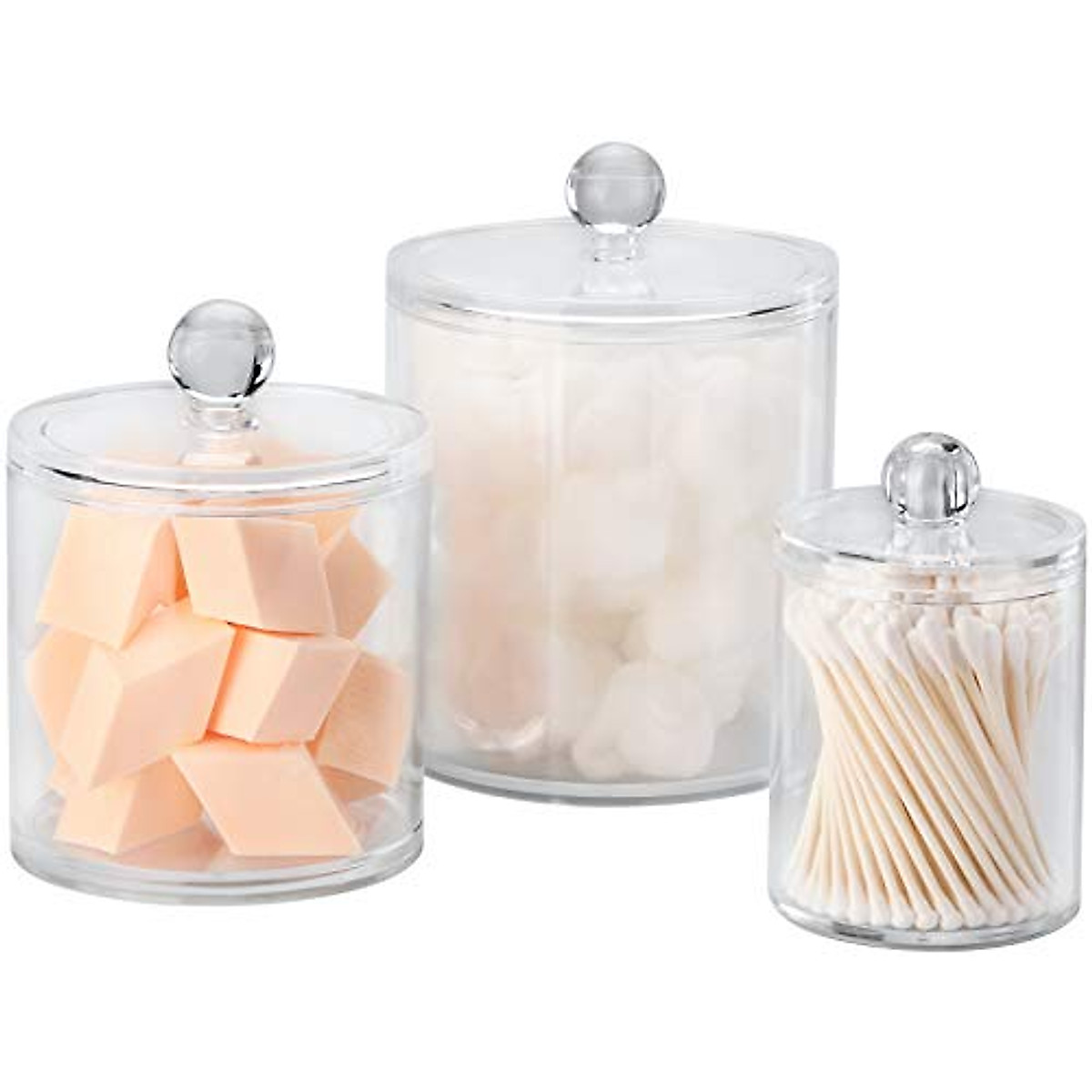 Marathon Studios Qtip Holder Dispenser Acrylic Clear 3 Pack for Cotton Swabs/Cotton Balls/Cotton Rounds, Bathroom Accessories Apothecary Jars Vanity Organizer, Bathroom Canisters - 30 oz/20 oz/10 oz