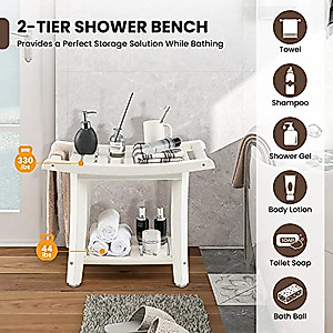 GOFLAME 2-Tier Shower Bench, Spa Bath Shower Stool with Curved Seat, 2 Easy-to-Grip Handles, Storage Shelf & Non-Slip Foot Pads, Waterproof Shower Chair for Bathroom, Living Room, Entryway, Off White