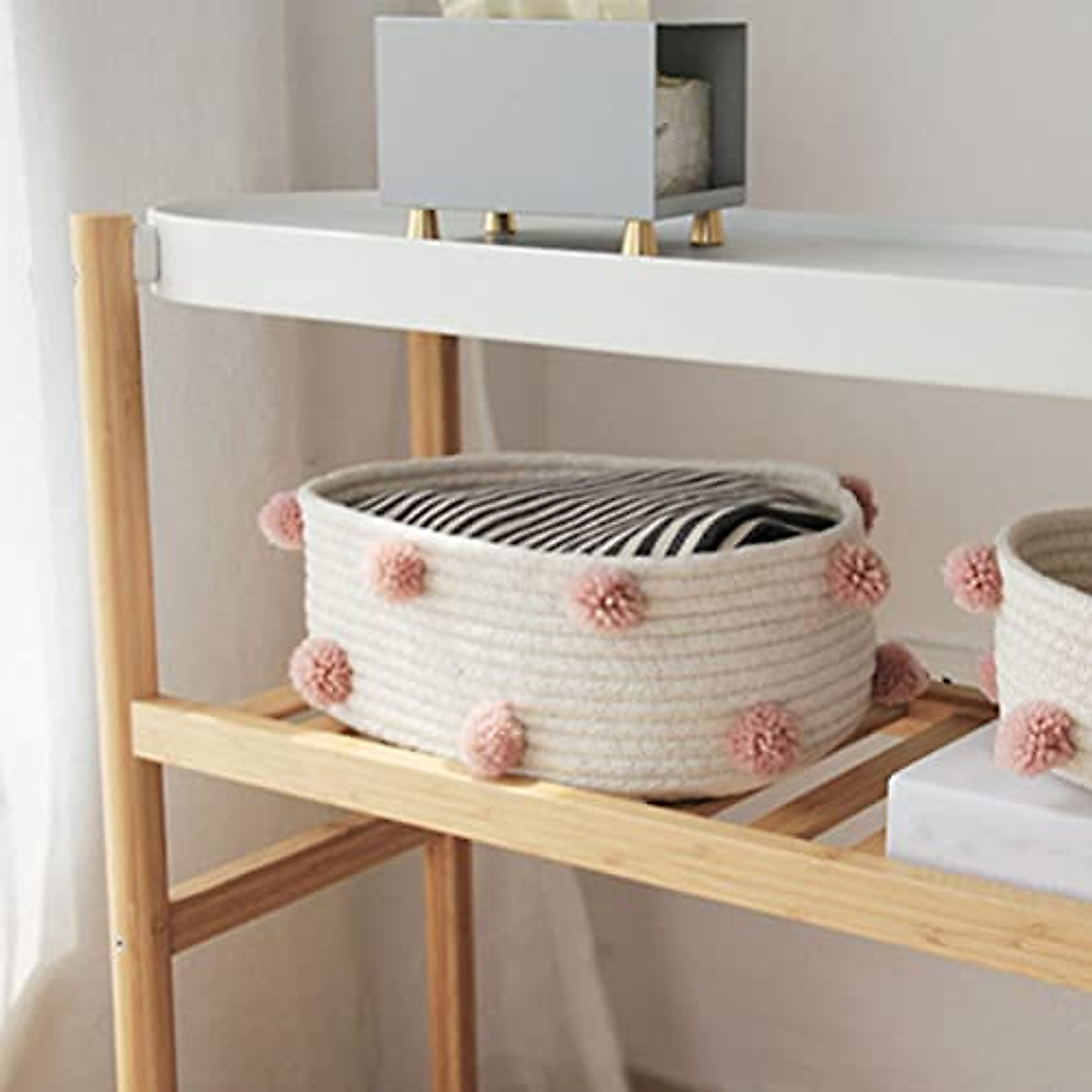 Cotton Rope Basket Storage Bin: Cotton Storage Baskets Woven Blanket Baskets with Pompom Round Storage Organizer for Dirty Clothes Pet Kids Small Items Storage 20X15CM