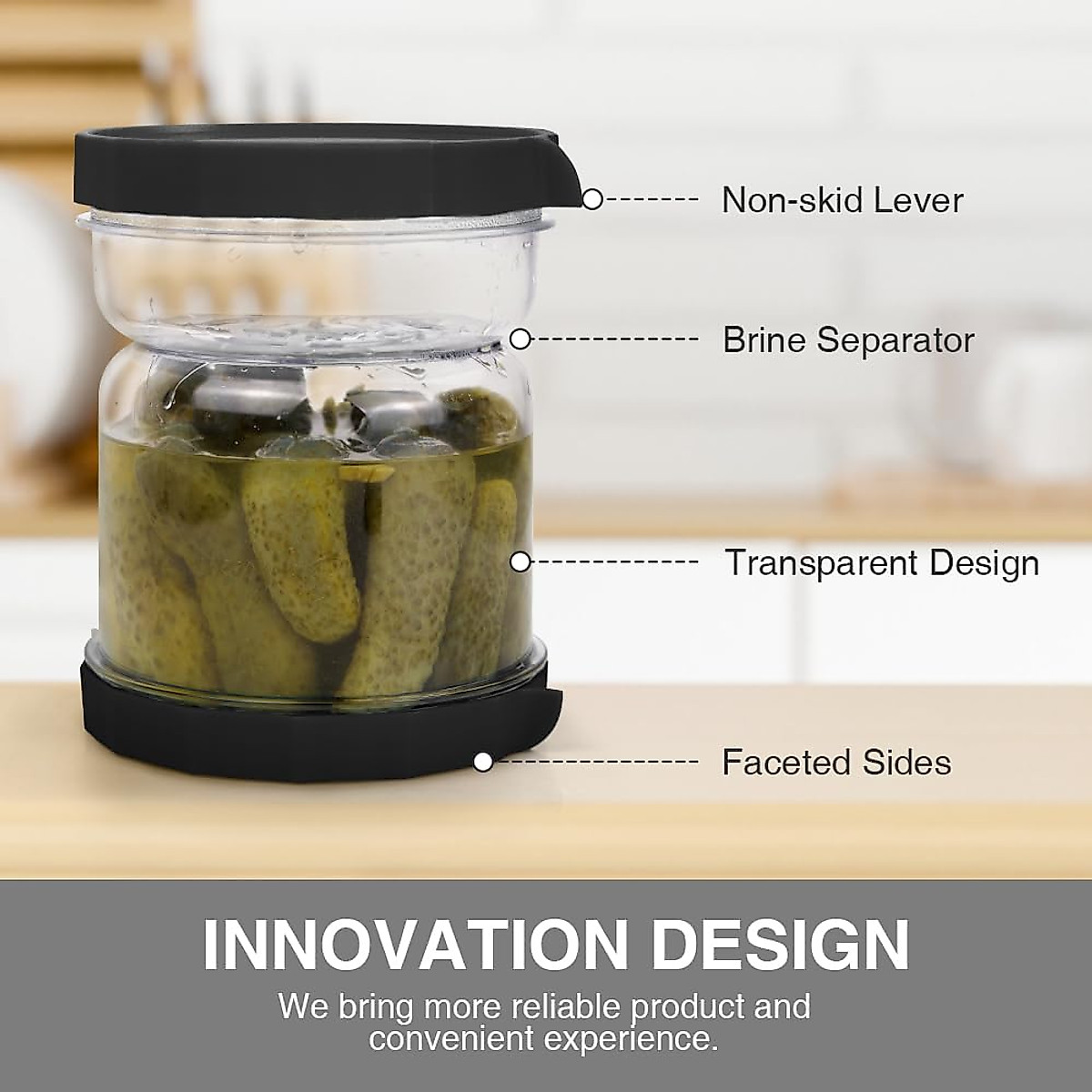 SOPHICO Pickle and Olives Jar Container with Strainer Flip, Leak-proof Juice Separator Hourglass Food Saver Storage Container (Transparent Black)