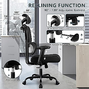 Winrise Office Chair Ergonomic Desk Chair, High Back Gaming Chair, Big and Tall Reclining Chair Comfy Home Office Desk Chair Lumbar Support Breathable Mesh Computer Chair Adjustable Armrests (Black)