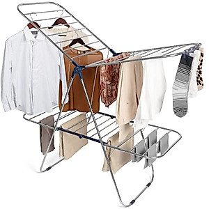 Luxe Laundry Premium Clothes Drying Rack, Foldable 2-Layer Stainless Steel Drying Rack, Free Standing with Height Adjustable Wings, Stainless Steel, Sock Clips, Towel Rack, Clothes, Blue
