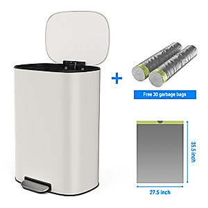 13 Gallon Pedal Trash Can, 50L Stainless Steel Waste Bin with Soft-Close Silent Lid and 30 Garbage Bags, Garbage Can for Home, Kitchen, Commercial, Office, Withe