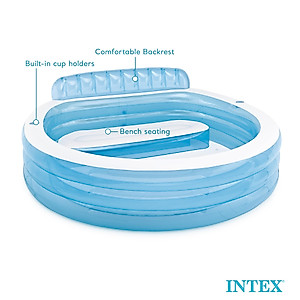 Intex Swim Center Inflatable Family Lounge Pool: Built-in Bench – Cup Holder – 156 Gallon Capacity – 90" x 86" x 31" – Blue