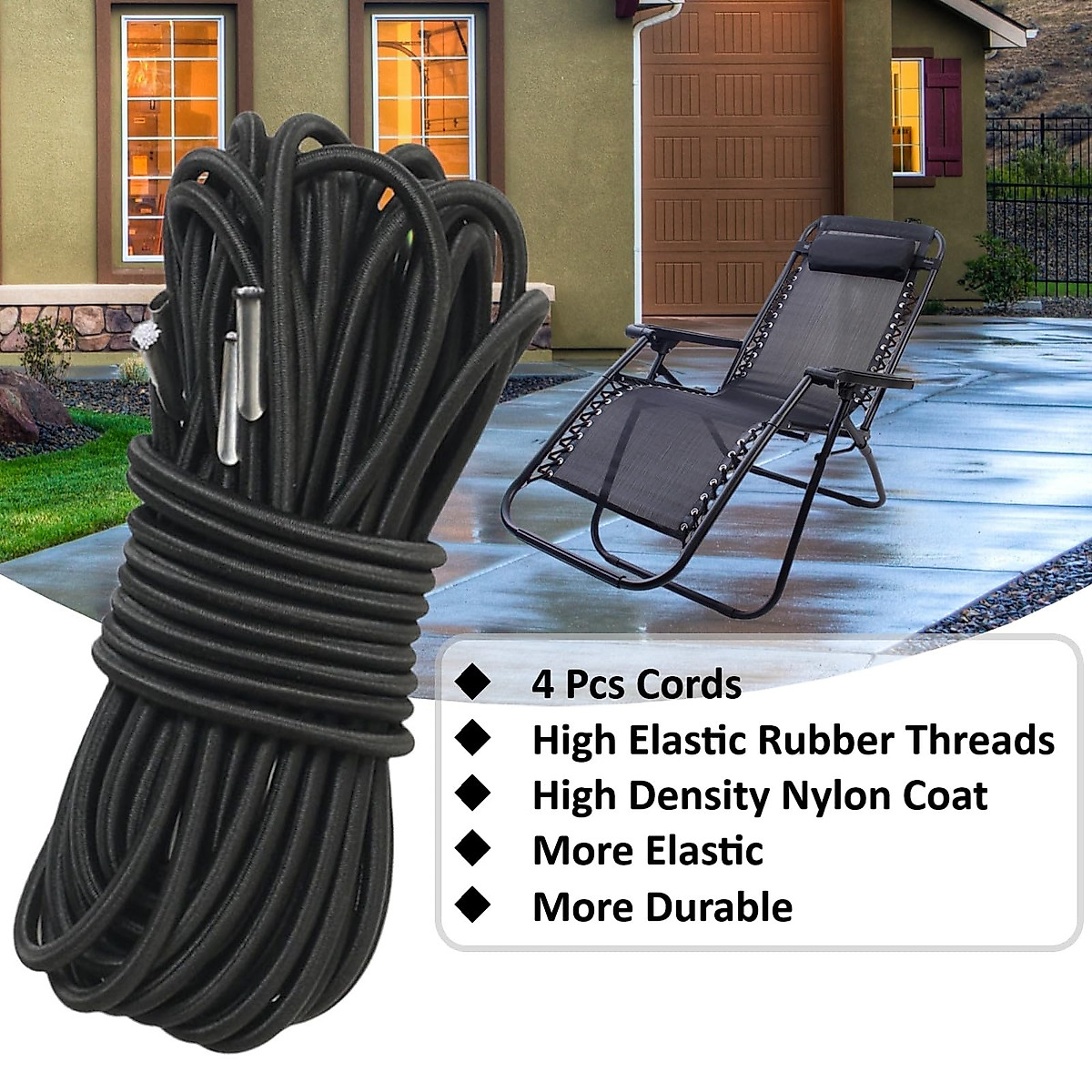 Zero Gravity Chair Cord Replacement, 4 Pack, Elastic Cord for antigravity Chair, Patio Recliner Chair, Lawn Bungee Chair, Beach Chair, Lounge Chair, Outdoor String Chair, Nylon Stretch String Cord