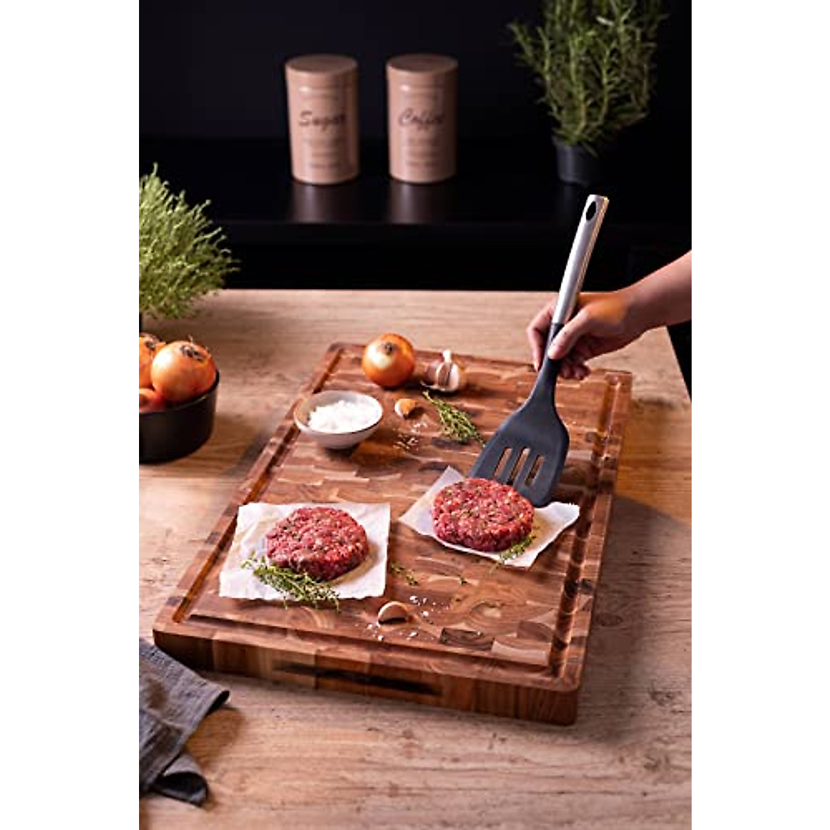 Weekolor, Large Butcher Block Cutting Board, Teak Wood End Grain, Thick Prep Station 23x15x1.5 in, Juice Groove, Reversible Charcuterie Board, Vegetable, Bread, Fruit, Cheese Board