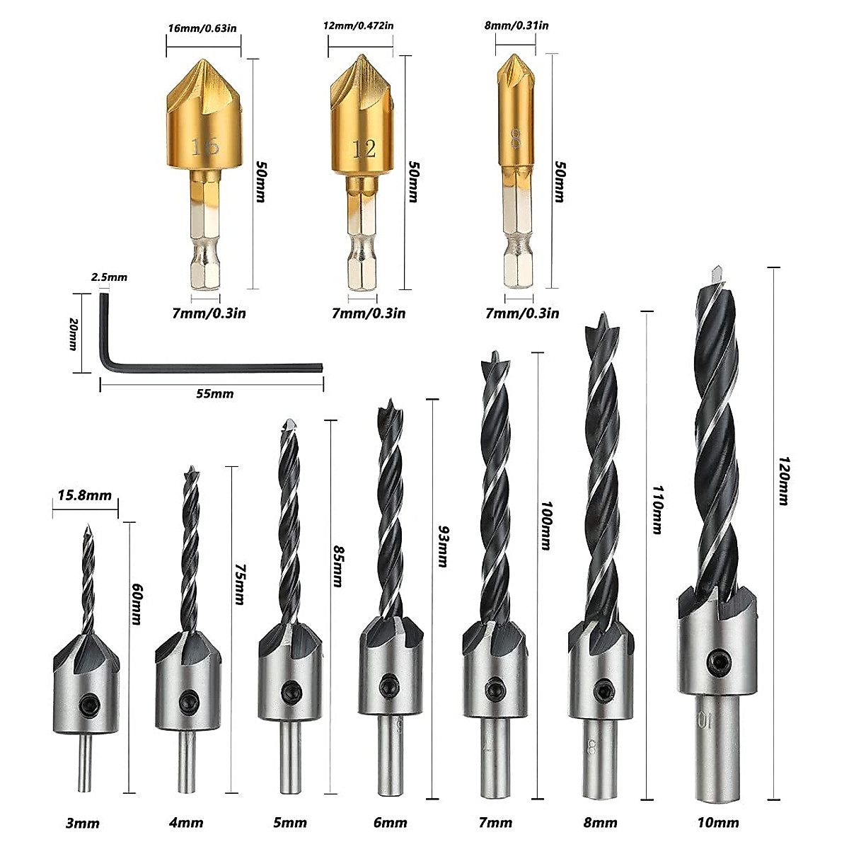Chew Steel Tools, 11 Pack Woodworking Chamfer Drilling Tools Including 7 Brad Pointed Countersink Drill Bit with L-Wrench, 3 Titanium Countersink bits, 1 Hex Key Wrenc