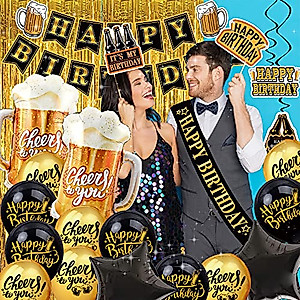 happy birthday decorations for men women - (61pcs) black and gold party decorations Banner, Sign Latex Balloon,Fringe Curtains and cheers to you Foil Balloons,Hanging Swirl,photo props,birthday sash