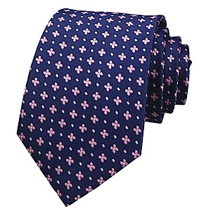 Elfeves Men's Navy Blue Pink Floral Wholesale Groomsman Silk Ties Wedding Casual Necktie