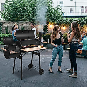 44 Inch Charcoal Grill and Offset Smoker, Portable Backyard Steel BBQ Oven with Wheels, Outdoor Patio Barbecue Cooker with Side Fire Box for Camping, Picnic, Party