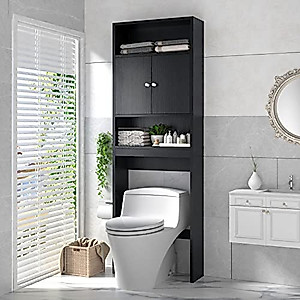 Hcman Over The Toilet Storage Cabinet - 77" H Over Toilet Bathroom Cabinet Organizer with Open Shelves and Double Doors, Black