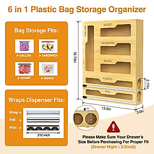 HOSTENU 6 in 1 Storage Bag Organizer for Kitchen Drawer, Bamboo Foil and Plastic Wrap Dispenser with Cutter, Food Baggie Organizer for Drawer, Plastic Bag Organizer for Gallon, Quart, Sandwich, Snack