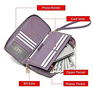 Leather Zip Around Wallet for Women, Genuine Leather RFID Blocking Gift Box Packing 17 Card Slots Ladies Long Wallet Purses with Zipper Coin Pocket Women's Clutch Wallets with Wristband (Light purple)