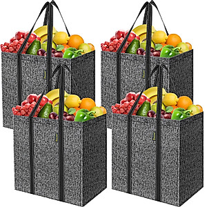 BALEINE 4 PK Grocery Bags Reusable Shopping Bags with Reinforced Bottom, Heavy Duty Foldable Tote Bags (Grey)