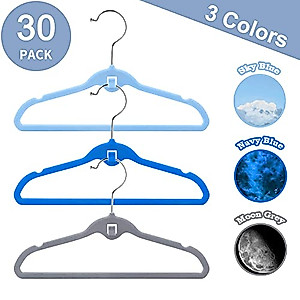HozyFrozy Multi-Color Premium Kids Velvet Hangers with Mini Hooks, Pack of 30, Non-Slip Space Saving Cascading Clothes Hangers, Navy Blue, Light Blue and Grey, 10 Units Each