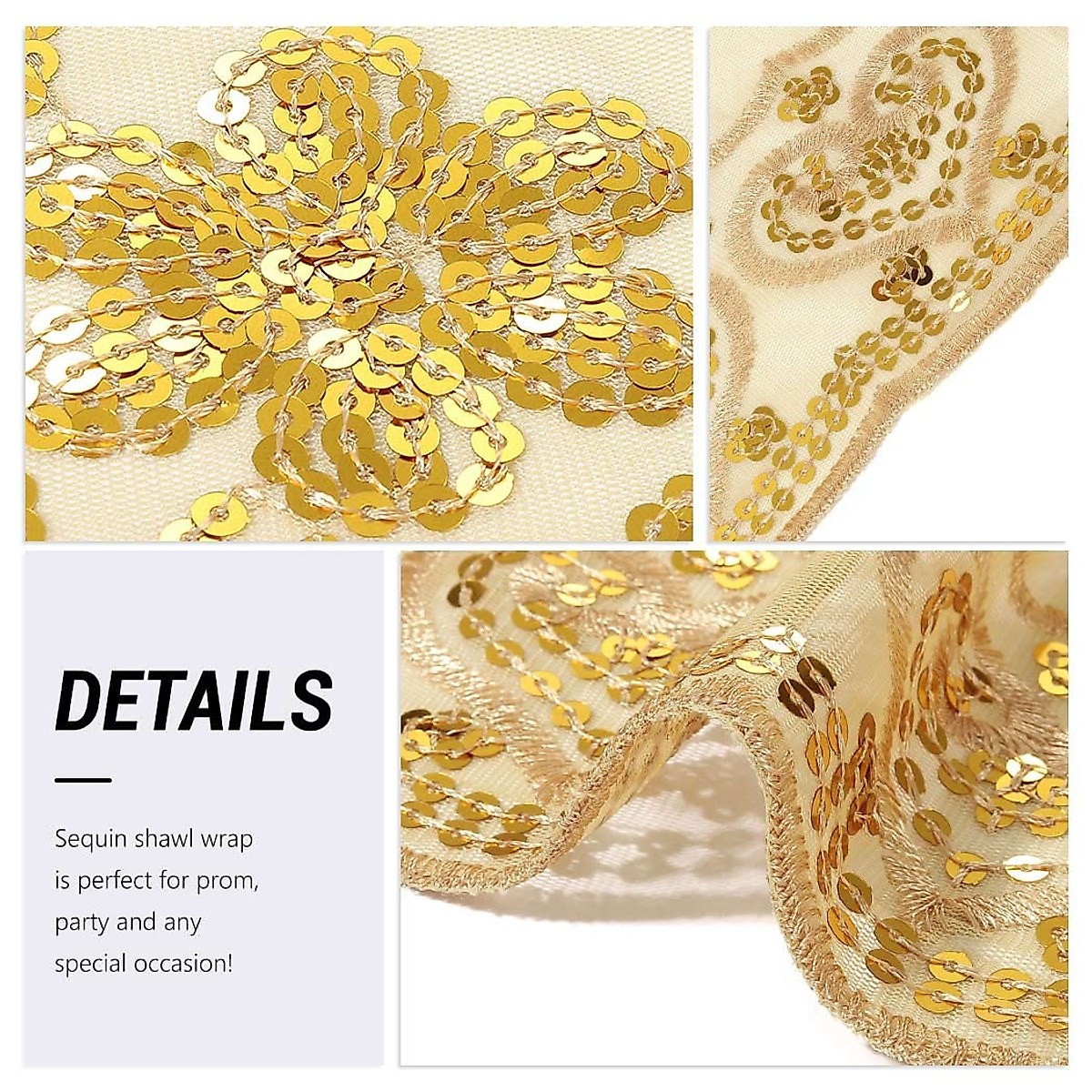 Aukmla Sequin Shawls and Wraps for Evening Dresses 1920s Lace Scarf Wedding Spakle Cape Cover Up Wedding Accessories(A Gold)