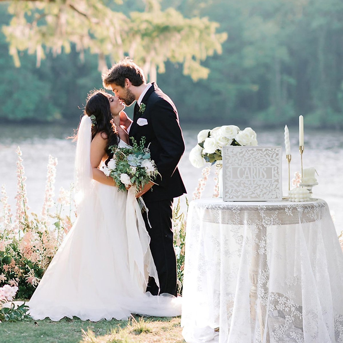 OurWarm White Wedding Card Box for Wedding Reception, Wood Gift Card Box with Slot, Hollow-out Money Envelop Card Box for Wedding Party Graduation Birthday Baby Shower Decorations