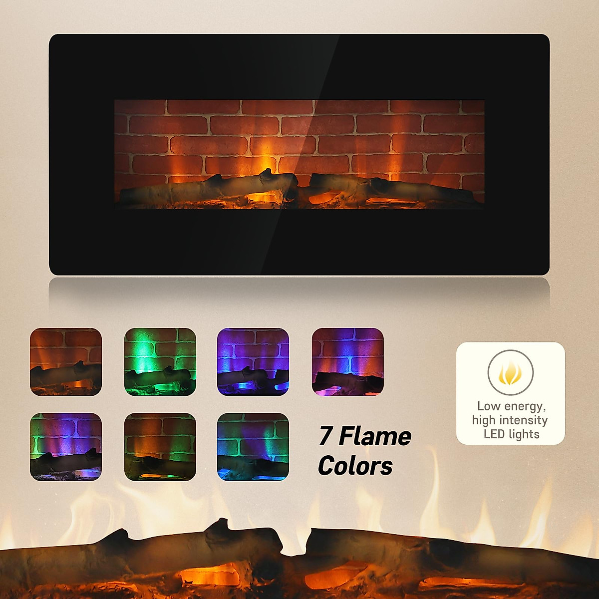 YUSING 36 inch Freestanding Electric Fireplace, Wall Mounted and Freestanding Fireplace Heater, 7 Flame Colors, Adjustable Temperature and Timer, 1500W Control by Touch Panel & Remote