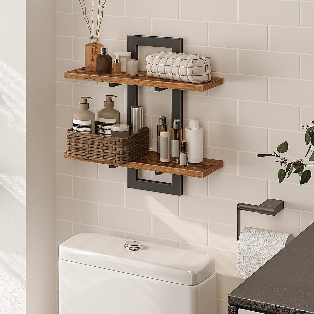 HOOBRO Floating Shelves, 15 Inch Wall Shelf Set of 2, Wall Mounted Storage Shelves 2-Tier, Hanging Bathroom Shelves, for Living Room, Bedroom, Bathroom, Kitchen, Rustic Brown and Black BF32BJ01