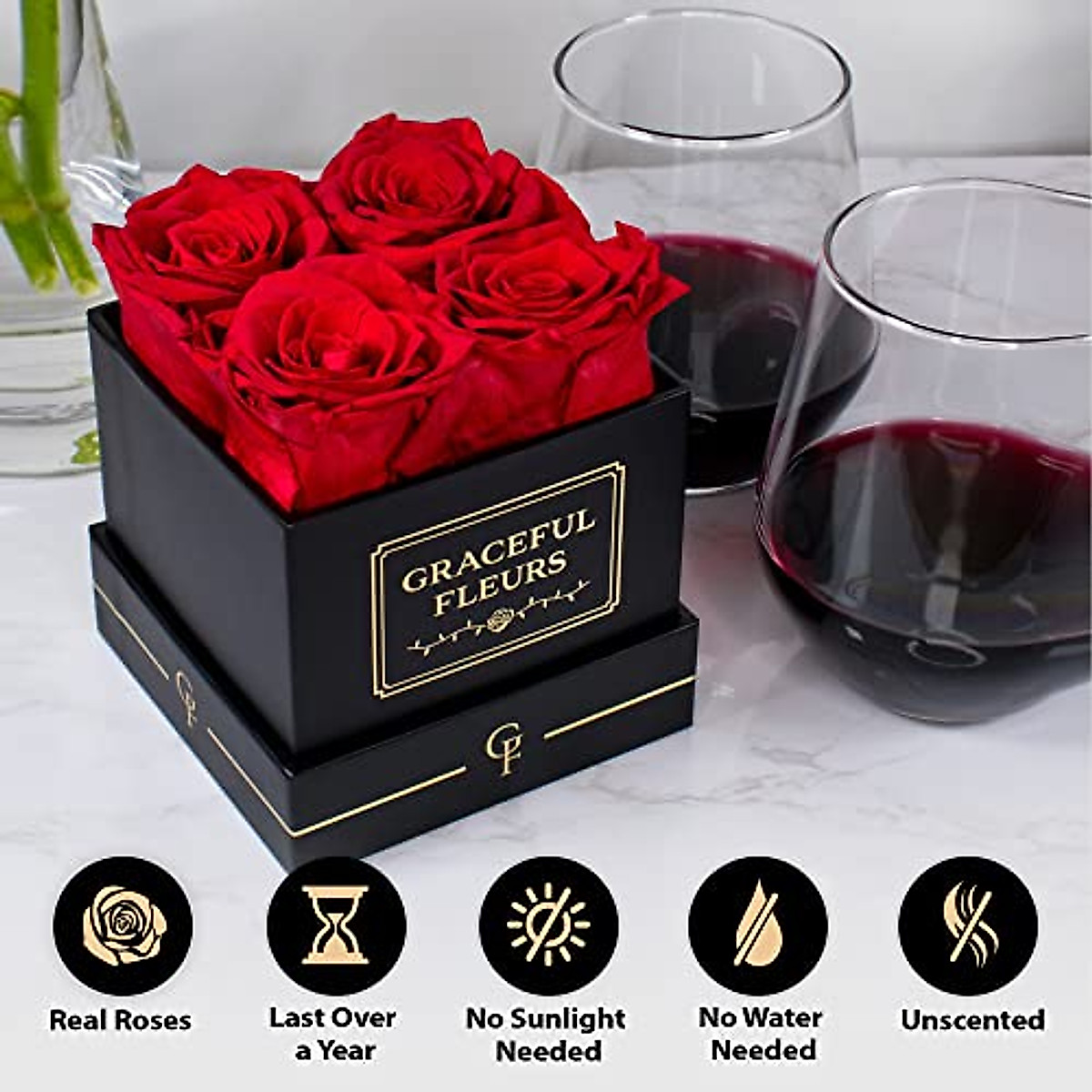 Chloe's Graceful Fleurs | Real Roses that Lasts for Years | Fresh Flowers for Delivery Prime Birthday | Birthday Gifts for Women | Preserved Roses in a Box | Forever Rose Box | Mothers Day Gifts (Red)