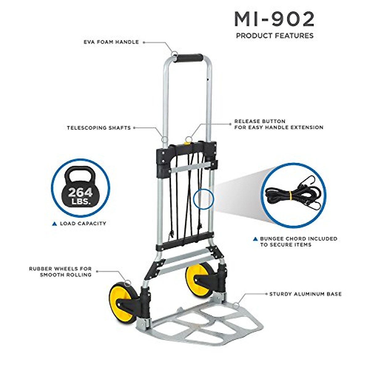 Mount-It! Folding Hand Truck and Dolly, 264 Lb Capacity Heavy-Duty Luggage Trolley Cart With Telescoping Handle and Rubber Wheels, Silver, Black, Yellow,