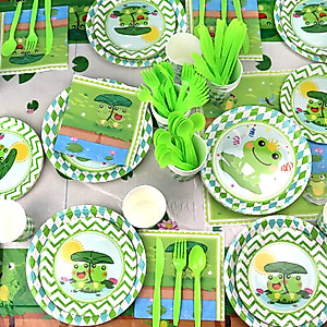 Frog birthday Party Decoration, Frog Party Supplies Tableware Includes Paper Plates, Balloons and HAPPY BIRTHDAY Banner for Green Frog Camping Baby Shower Kids Birthday Dinnerware Party, Serves 20