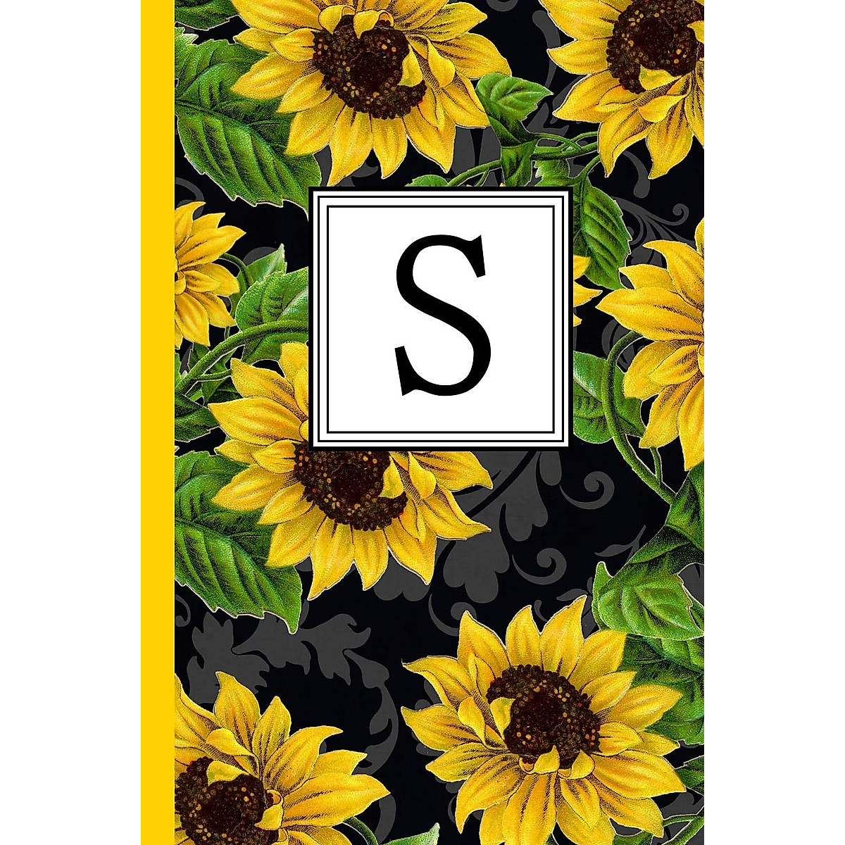 S: Floral Letter S Monogram personalized Journal, Black & Yellow Sunflower pattern Monogrammed Notebook, Lined 6x9 inch College Ruled 120 page perfect bound Glossy Soft Cover