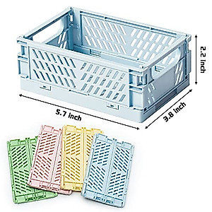 D1resion 4Pcs Mini Stackable Crates Decor Danish Pastel Aesthetic Stacking Folding Plastic Storage Crate Foldable Bin Baskets Tray with Handles for Shelf Grocery Kitchen Bedroom Desktop Organizer Box