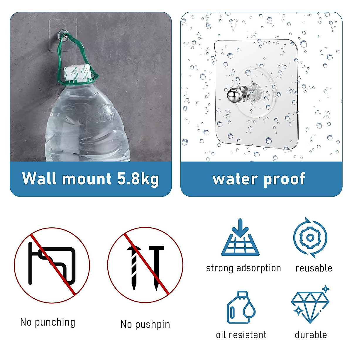 Wall Hangers Without Nails, 14 Pieces Self Adhesive Wall Hooks Heavy Duty Screw Free Sticker No Nail Picture Hangers Clear Pvc Sticker Hooks for Home Kitchen Bathroom Office Hanging Wall Mount