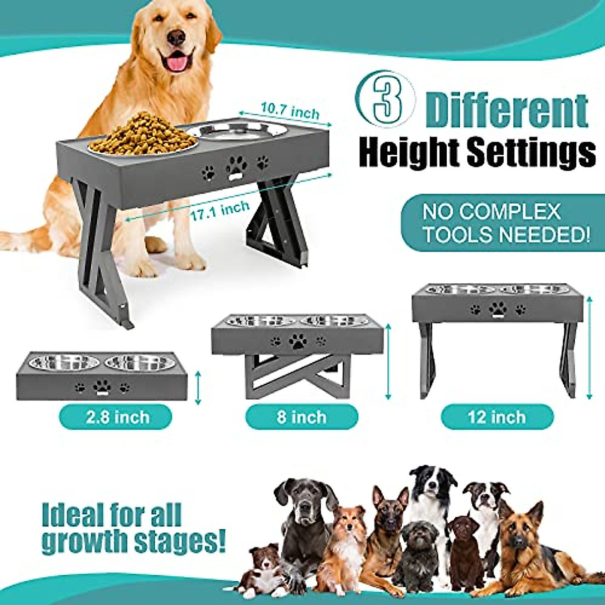 URPOWER Elevated Dog Bowls Adjustable Raised Dog Bowl with 2 Stainless Steel 1.5L Dog Food Bowls Stand Non-Slip No Spill Dog Dish Adjusts to 3 Heights 2.8”, 8”, 12”for Small Medium Large Dogs and Cats
