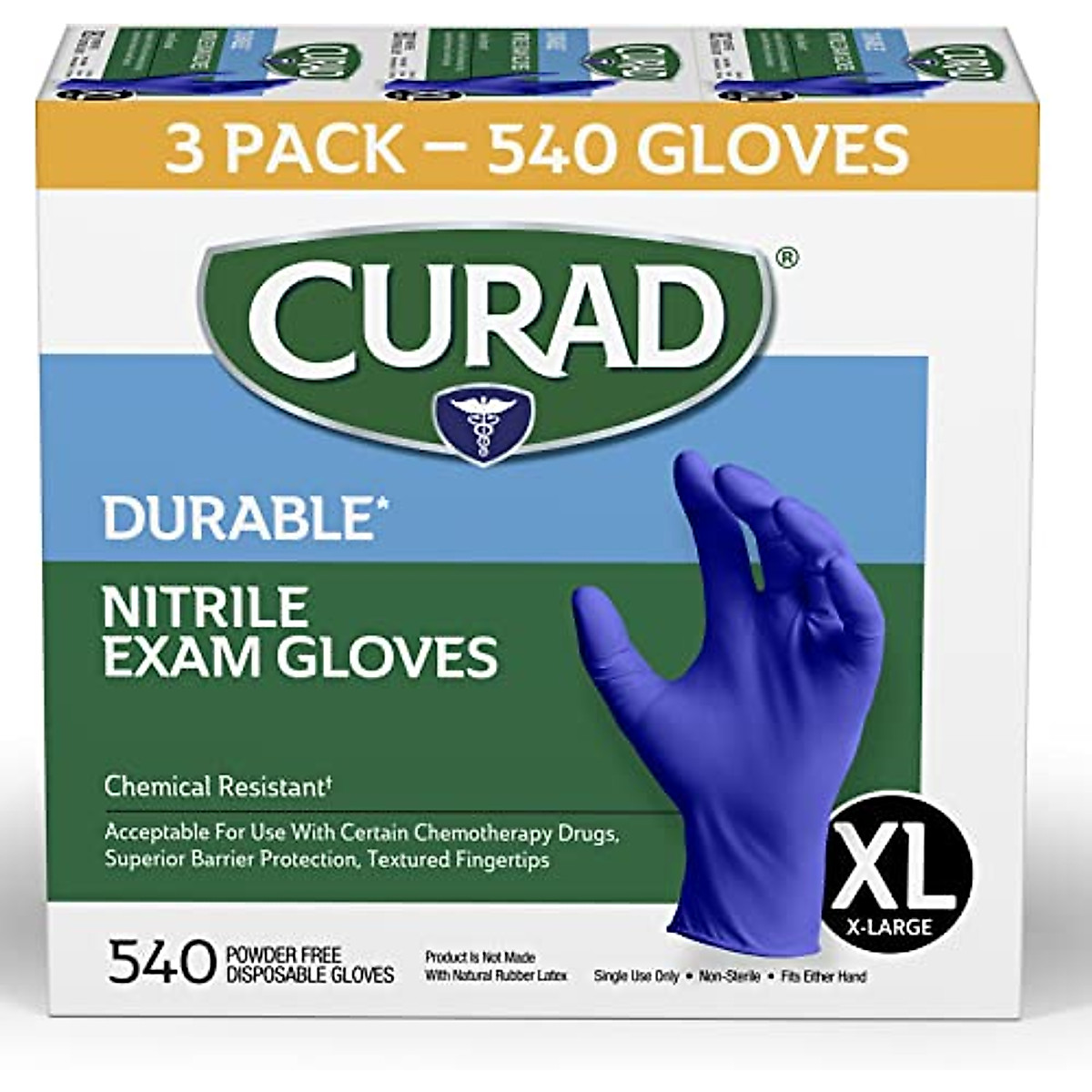 Curad Nitrile Exam Gloves, Durable, Powder Free, Chemical Resistant, X-Large, 540 Count