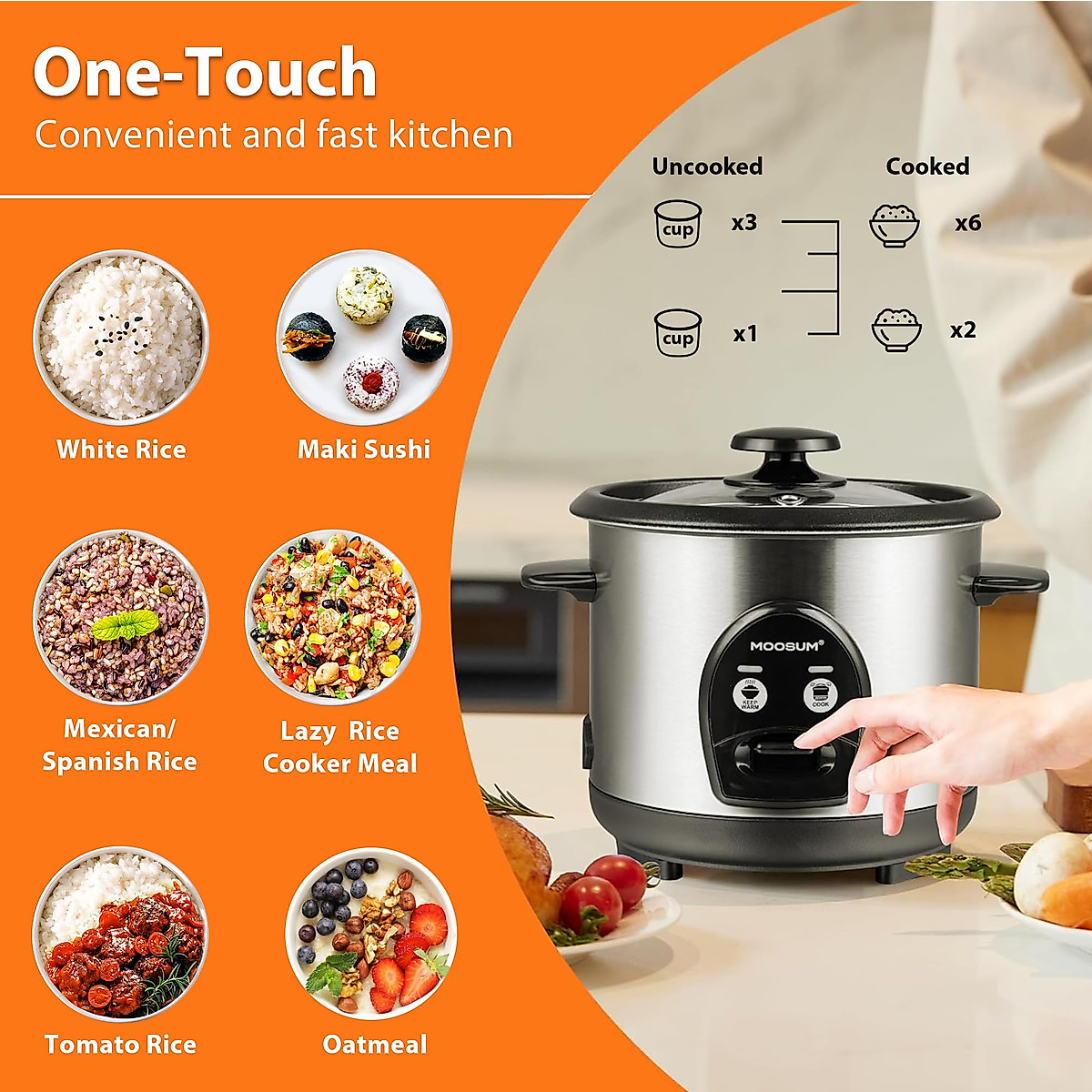 MOOSUM Electric Rice Cooker with One Touch for Asian Japanese Sushi Rice, 3-cup Uncooked/6-cup Cooked, Fast&Convenient Cooker with Ceramic Nonstick inner pot, Stainless Steel Housing and Auto Warmer
