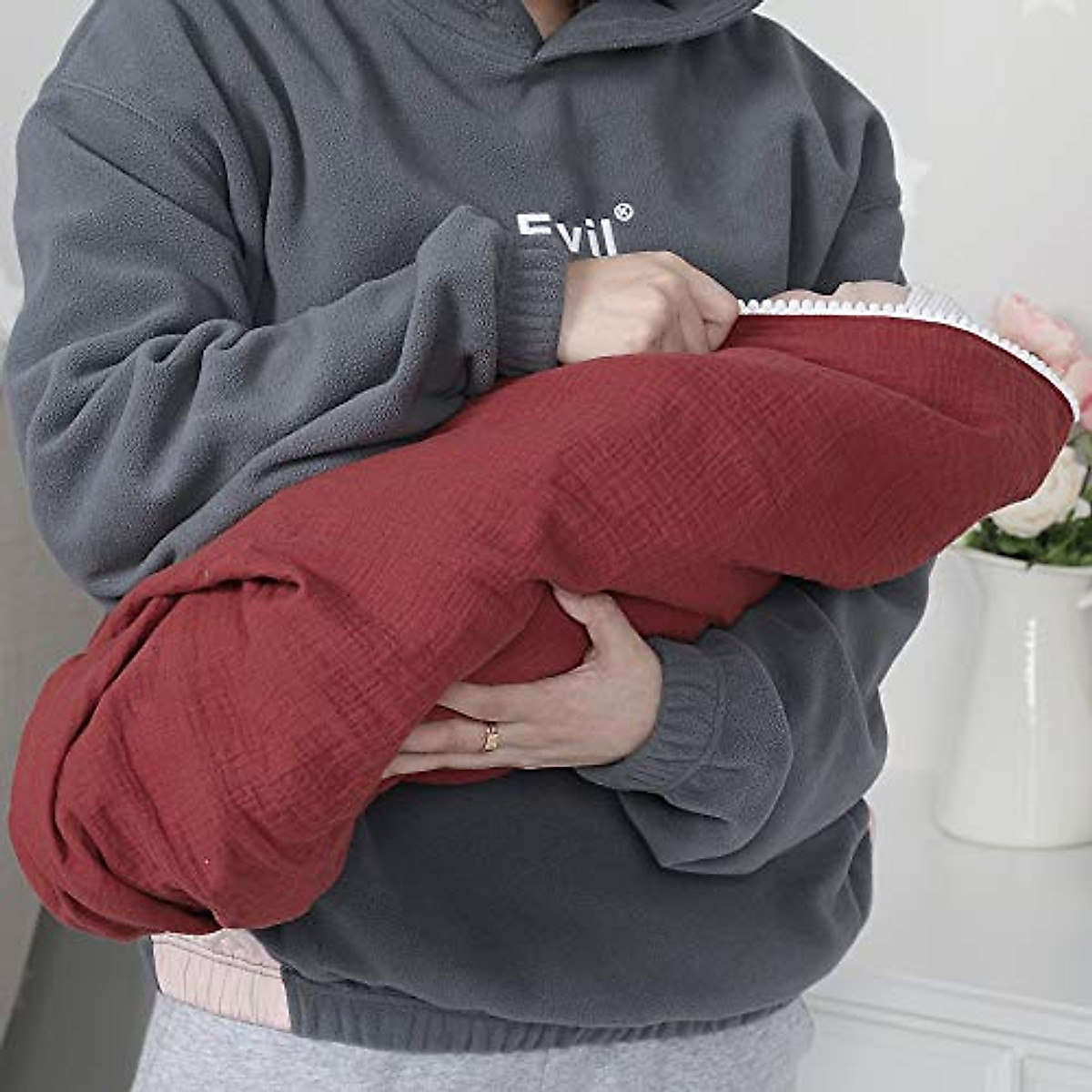 TILLYOU Organic Muslin Swaddle Baby Blanket, 100% Soft Cotton Swaddling Receiving Blanket with Pom, Large Lightweight Baby Wrap Blanket, 47'' x47'' Brown