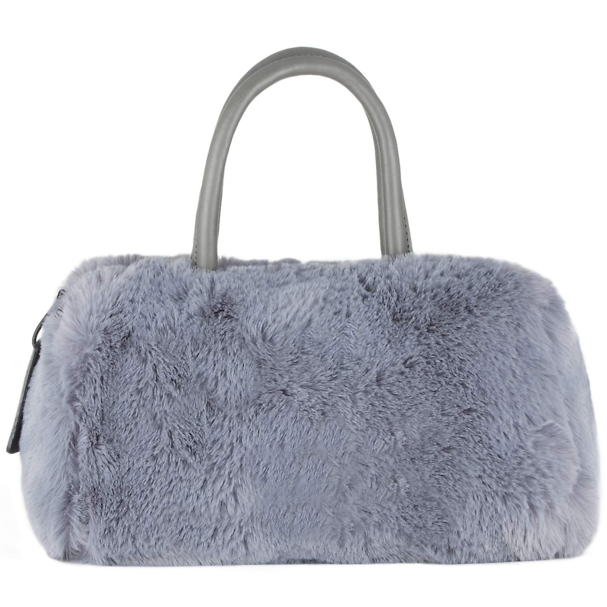 Luxe L 100% Faux Fur Bowler Bag for Women Soft Modern Top-Handle Handbag with Detachable and Adjustable Faux-Leather Strap, Grey