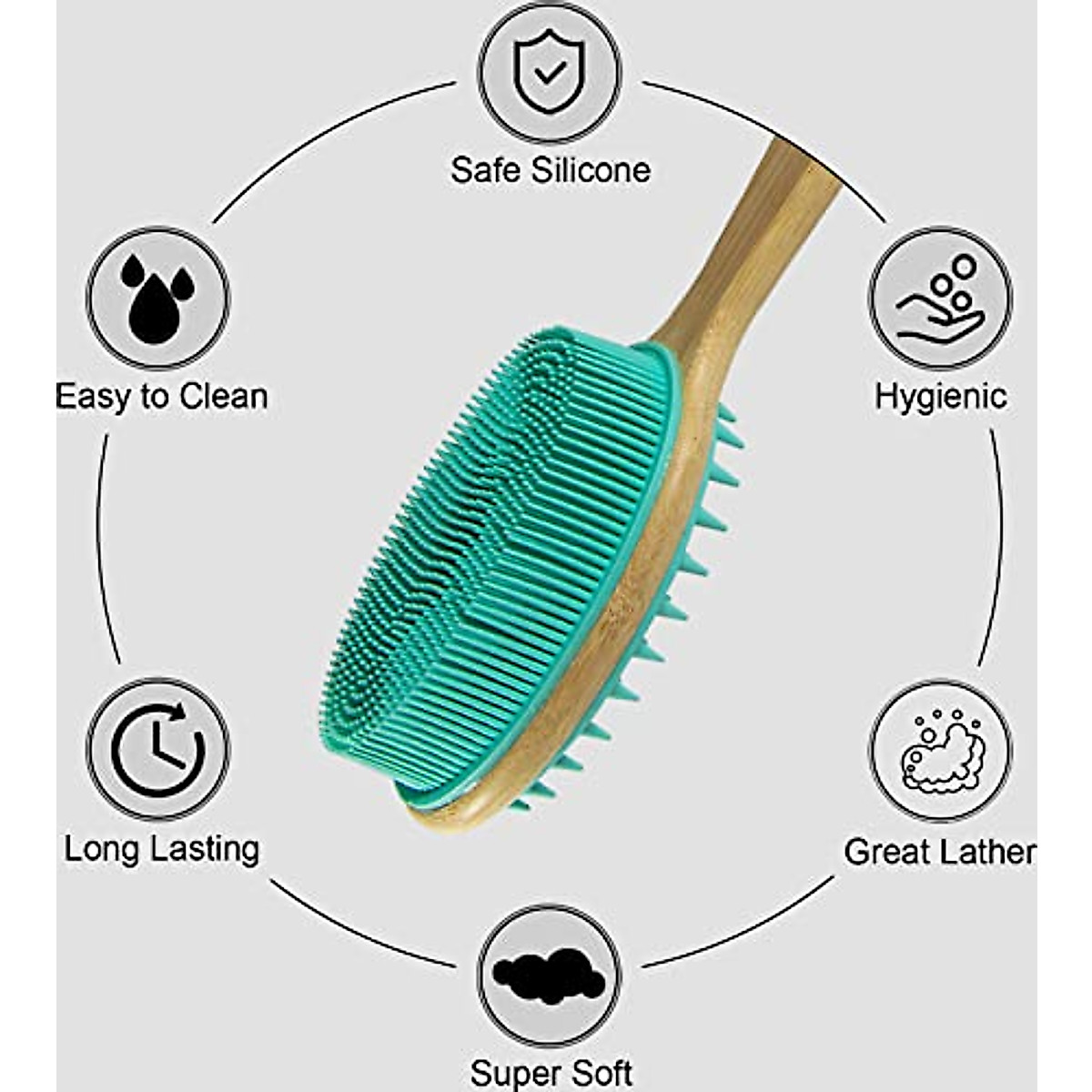 Silicone Body Scrubber with Long Handle, Dual-Sided Exfoliating Back Scrubber, 2 in 1 Bath Shower Brush for Dry and Wet - Green