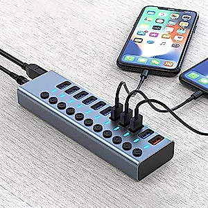 SHYPT Aluminum Alloy 11-Port USB3.0 Splitter 10 Port Computer Extended USB HUB 1 Port Fast Charging External 12V4A Power Supply