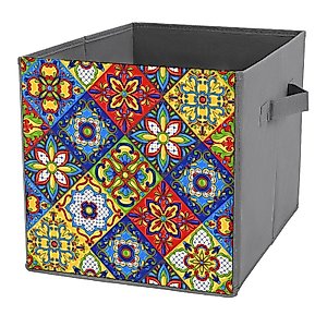 MEIKKO Mexican Talavera Colorful Cube Storage Bins Ethnic Art Theme 11 Inch Storage Cubes Foldable Decorative Fabric Storage Baskets for Organizing Home Organizers with Handles for Shelves,Closet
