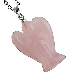 TUMBEELLUWA Guardian Angel Handmade Carved Healing Stone Crystal Pendant with Metal Alloy Chain, Rose Quartz