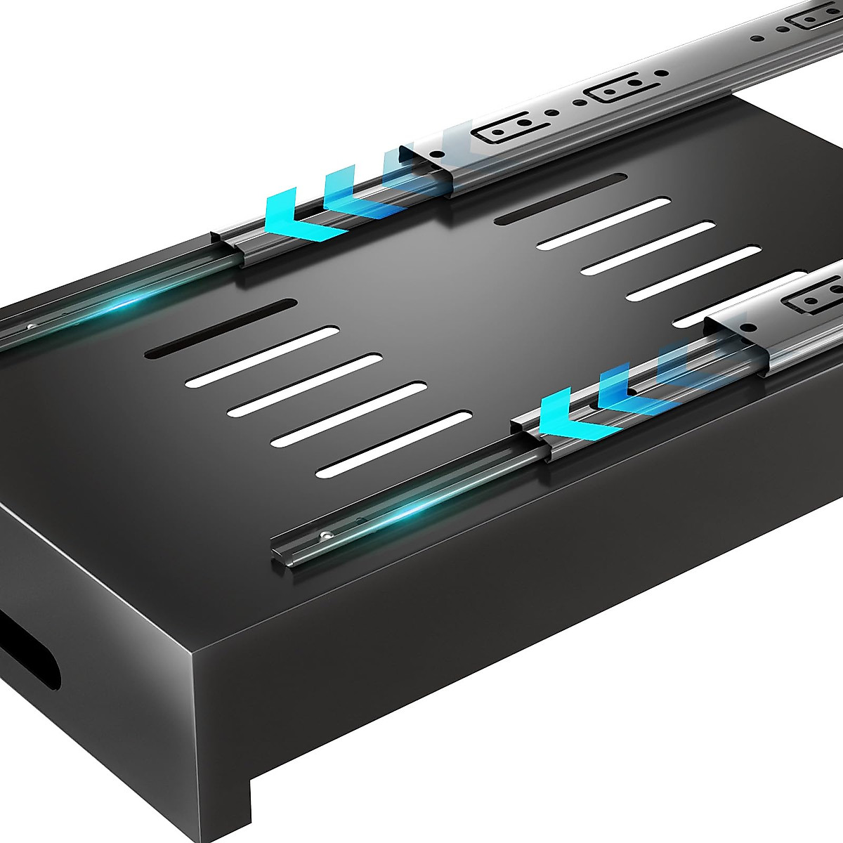 HBL' 1 Pack | 16.9" Deep Pull Out Cabinet Organizer Adhesive, 12-Inch Wide Sturdy Carbon Steel Roll-Out Drawers for Face Frame or Frameless Cabinets, Slide-Out Shelves for Pantry.