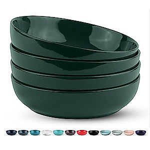 KooK Porcelain Pasta Bowl Set, For Soups and Salads, Serving Bowls, Large Capacity, Microwave & Dishwasher Safe, Set of 4, 40 oz (Hunter Green)