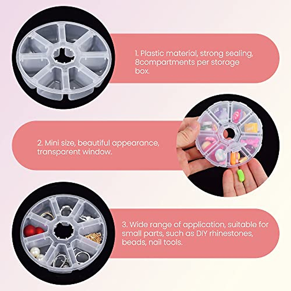 ZIIVARD 5 Pieces 8 Grid Round Clear Plastic Storage Organizer Divider Jewelry Beads Display Box Fishing Box Pill Case