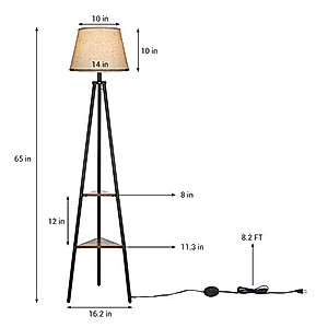 DEWENWILS Floor Lamp with Shelves, Industrial Farmhouse Tripod Standing Reading Lamp, Organizer Storage Shelf Floor Lamp for Living Room, Bedroom, Office, Fabric Linen Shade