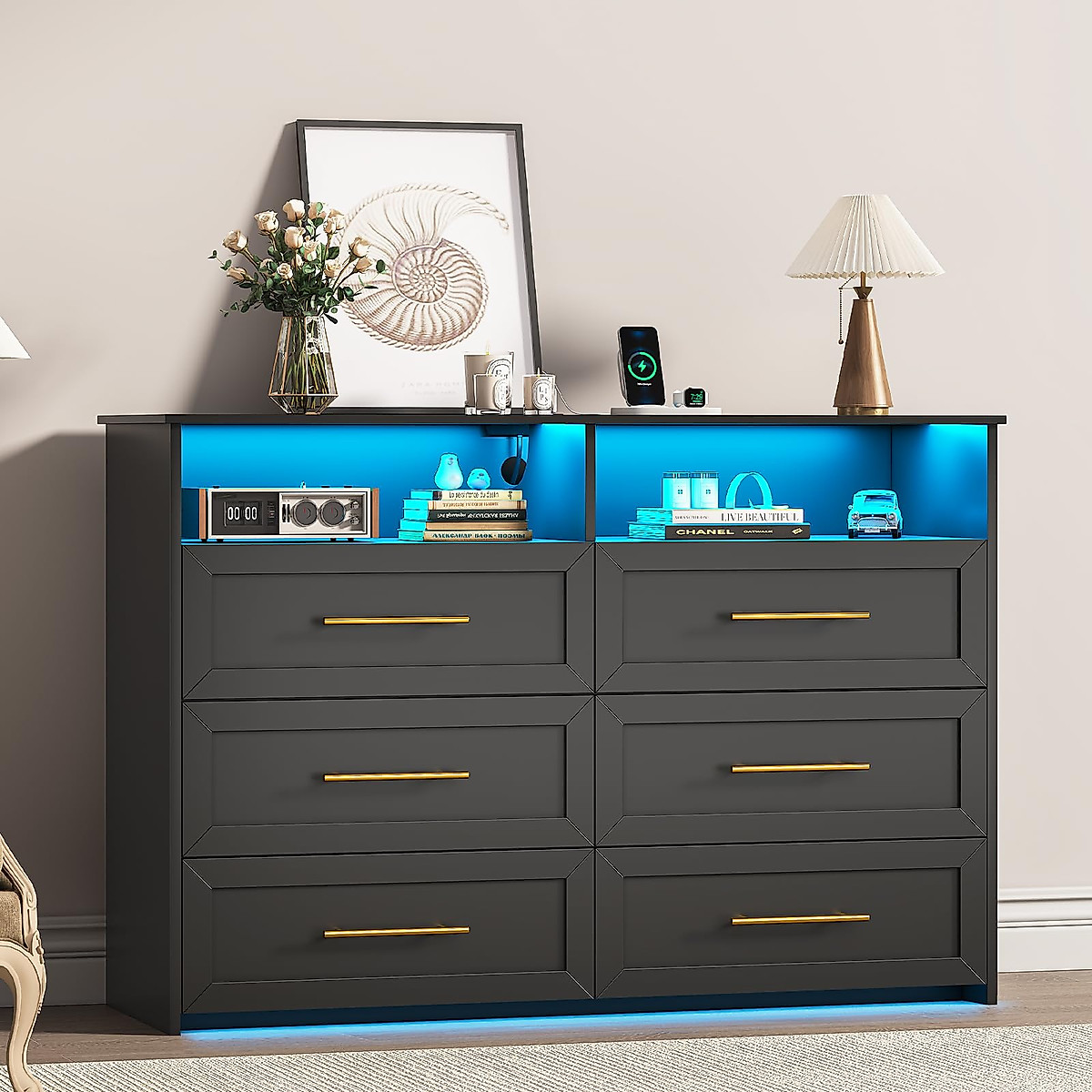 MSmask Black Dresser with LED Lights and Charging Station, Chest of 6 Drawers for Bedroom, Double Dressers with Open Storage, Closet Organizer for Bedroom, Living Room, Entryway