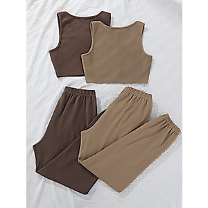 GORGLITTER Women's 2 Piece Tank Top and Sweatpant Sets Drawsting Jogger Sweatsuit Brown and Khaki Small