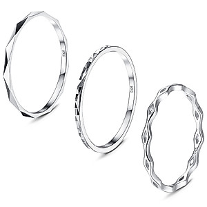 MILACOLATO 3Pcs 925 Sterling Silver Rings for Women Men 18K White Gold Plated Plain Band Knuckle Stacking Thumb Rings Diamond-Cut Wave Stackable Ring Set Comfort Fit Size 8