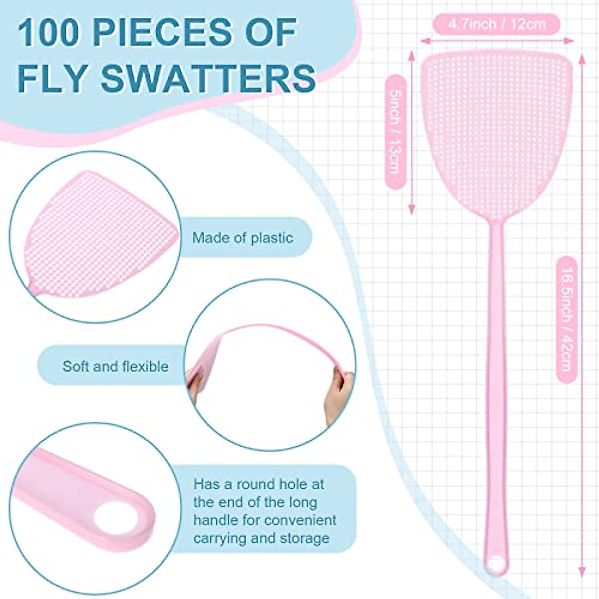 100 Pieces Fly Swatter Plastic Fly Swatters Heavy Duty Colorful Strong Flexible Manual Fly Swat Set Strong Durable Flexible Long Handle Manual Swat Flies and Mosquitoes Striking Fly Swatters Set