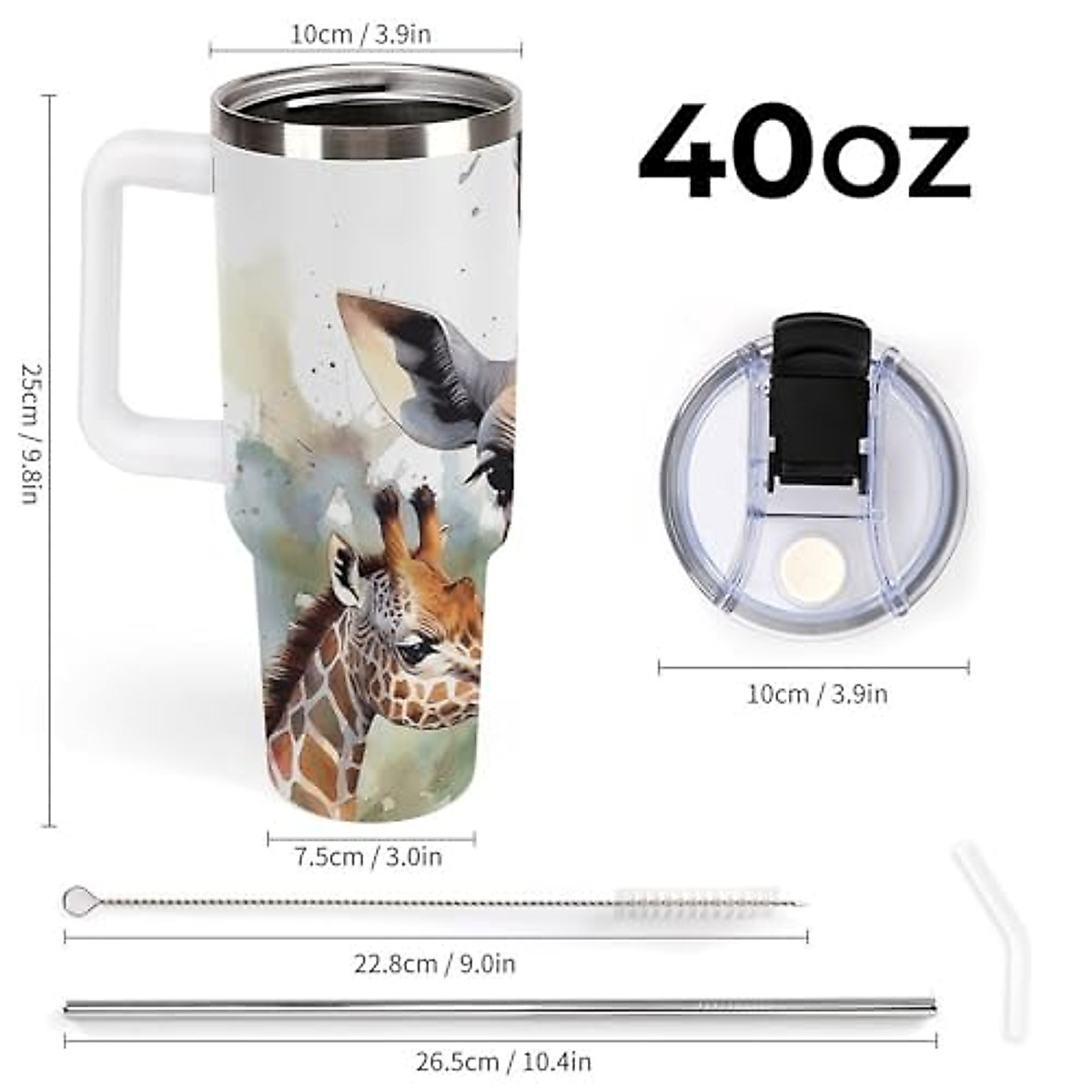 LLUTSNTH 40 Oz Vacuum Tumbler with White Handle Leakproof Insulated Tumbler Watercolor Deer Giraffe Stainless Steel Travel Mug with Lid And Straw Coffee Cup Cute Water Bottles Cup Holder Friendly