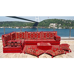Red L Shaped Corner Arabic Sofa Seating, Arabic Majlis, Sectional Sofas, Moroccan Livingroom Home Decor, Turkish Floor Sofas (L Sofa Full Set)