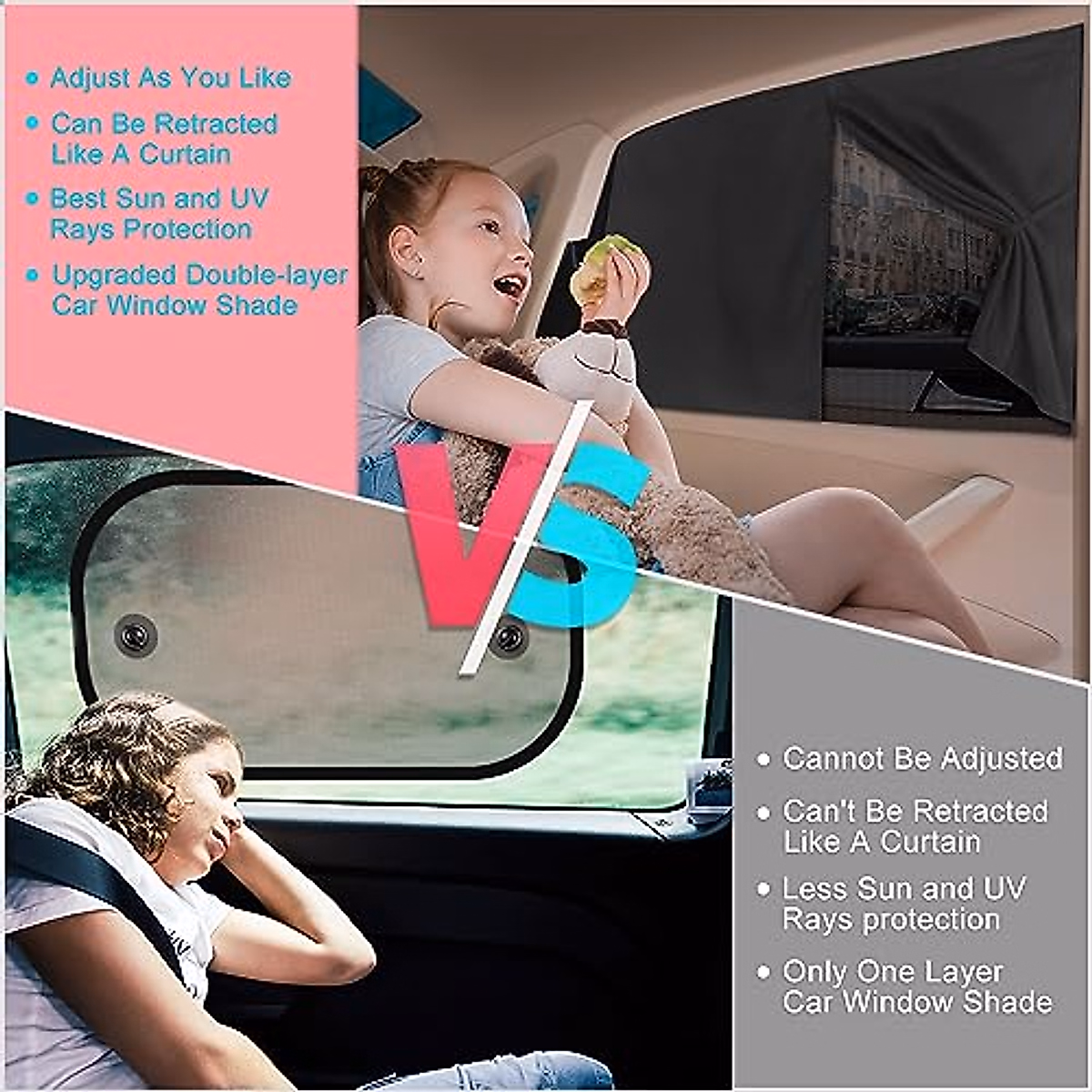 Car Window Shades, Magnetic Double Layer Car Sun Shade for Side Windows Privacy Full Covers/Half Shade Options Black Car Window Curtains for Baby Protection (1pcs)